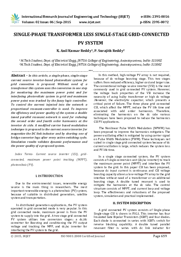 Pdf Single Phase Transformer Less Single Stage Grid Connected Pv System