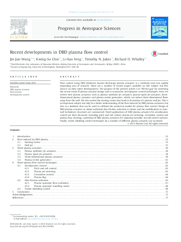(PDF) Recent developments in DBD plasma flow control