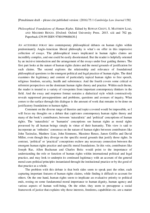 (PDF) Philosophical Foundations of Human Rights. Edited by Rowan Cruft ...