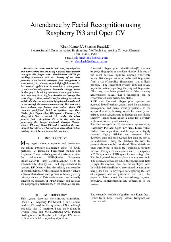 (PDF) Attendance by Facial Recognition using Raspberry Pi3 and Open CV
