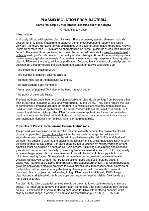 (PDF) PLASMID ISOLATION FROM BACTERIA Some fast step-by-step procedures ...
