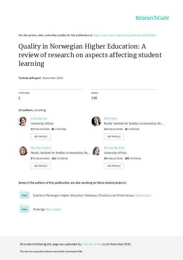 (PDF) Quality in Norwegian Higher Education: A review of research on ...