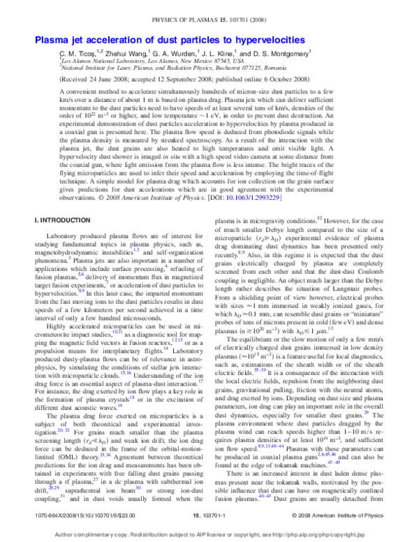 (PDF) Plasma jet acceleration of dust particles to hypervelocities