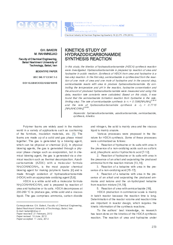 (PDF) Kinetics study of hydrazodicarbonamide synthesis reaction