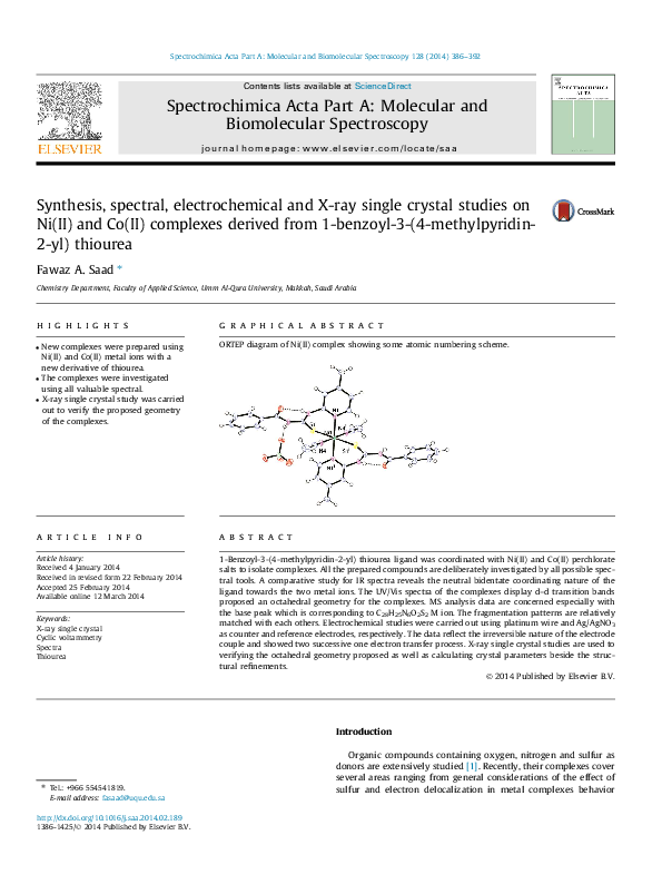 (PDF) Synthesis, spectral, electrochemical and X-ray single crystal ...