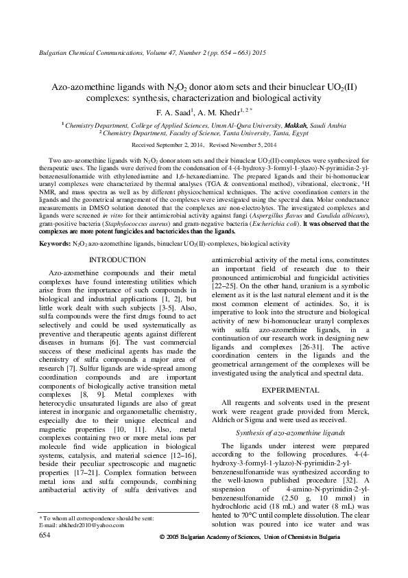 (PDF) Azo-azomethine ligands with N 2 O 2 donor atom sets and their binuclear UO 2 (II ...