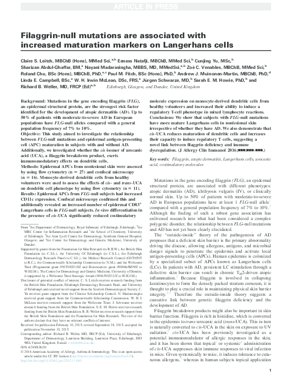 (PDF) Filaggrin-null mutations are associated with increased maturation markers on Langerhans cells