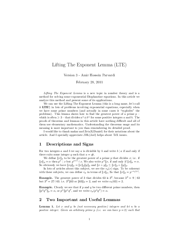 (PDF) Lifting The Exponent Lemma (LTE