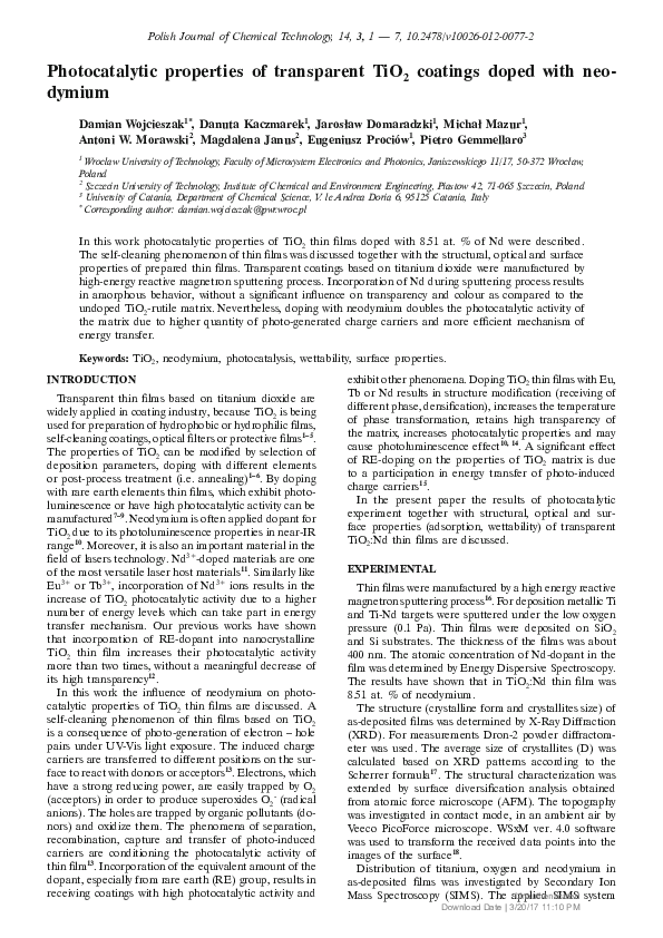(PDF) Photocatalytic properties of transparent TiO2 coatings doped with ...