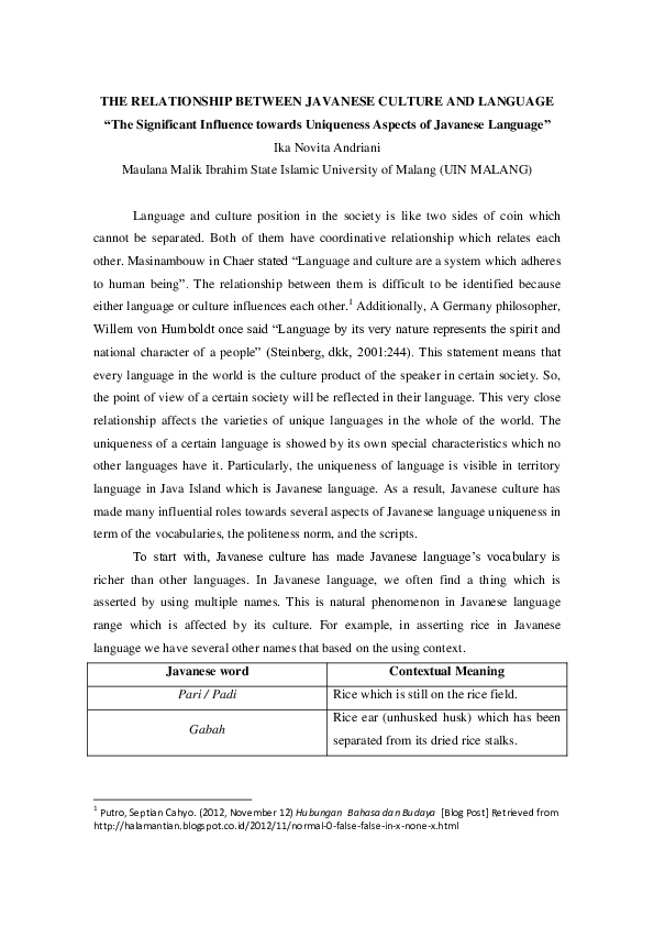 (PDF) THE RELATIONSHIP BETWEEN JAVANESE CULTURE AND LANGUAGE " The ...