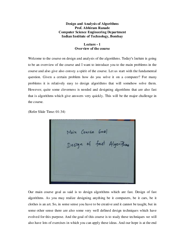 (PDF) Design and Analysis of Algorithms Lecture -1 Overview of the course | Pushpa S K ...