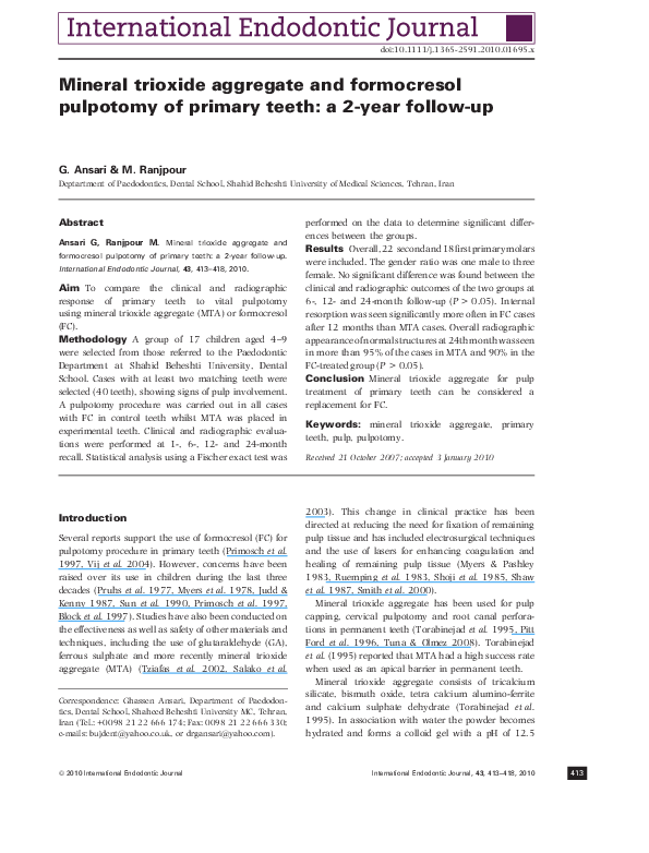 (PDF) Mineral trioxide aggregate and formocresol pulpotomy of primary ...