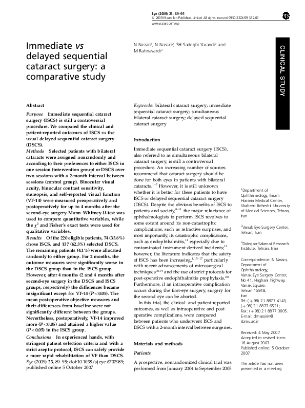 (PDF) Immediate vs delayed sequential cataract surgery: a comparative study