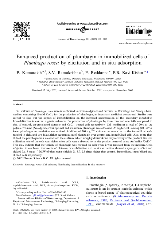 (PDF) Enhanced production of plumbagin in immobilized cells of Plumbago rosea by elicitation and ...