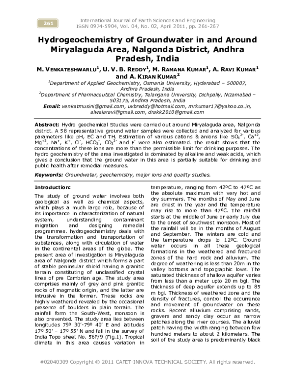(PDF) Hydrogeochemistry of Groundwater in and Around Miryalaguda Area ...