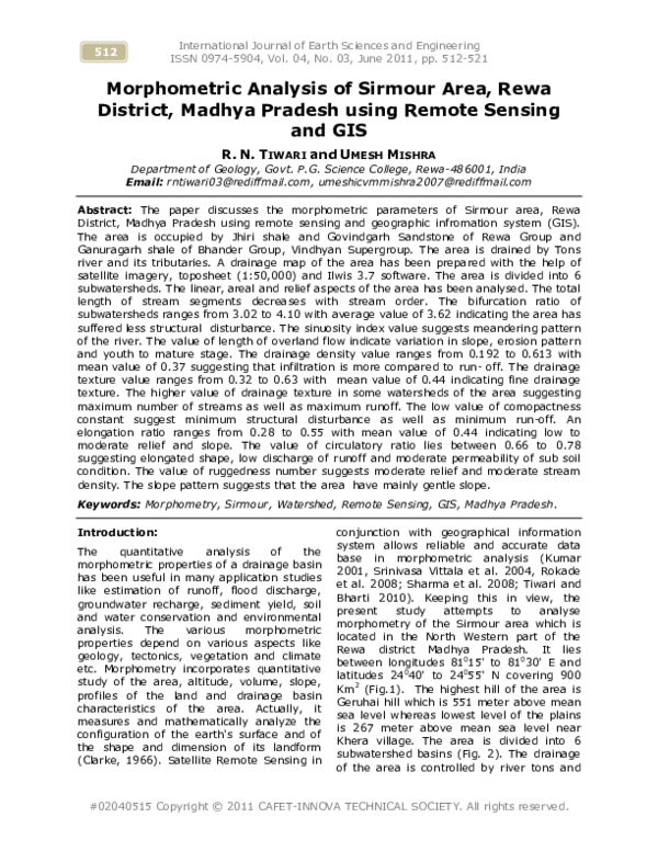 (PDF) Morphometric Analysis of Sirmour Area, Rewa District, Madhya ...