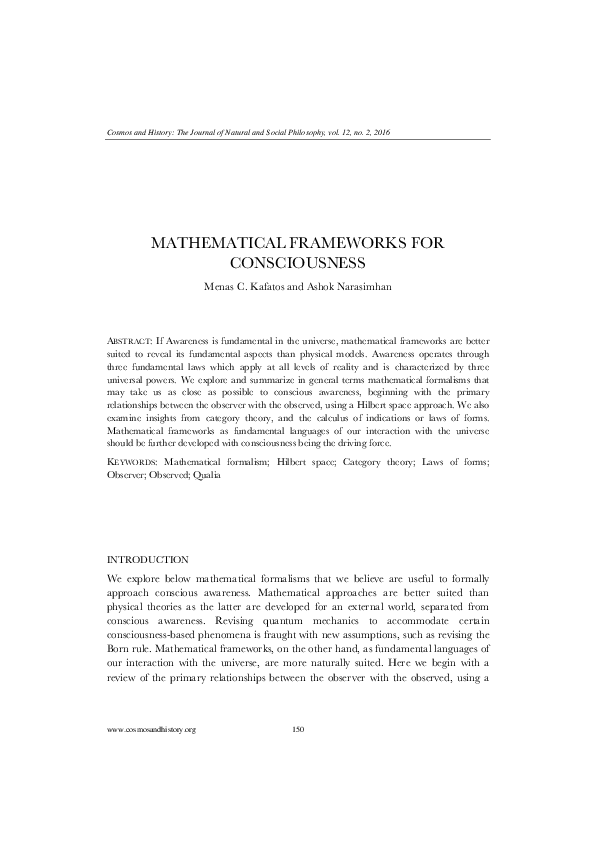 (PDF) MATHEMATICAL FRAMEWORKS FOR CONSCIOUSNESS