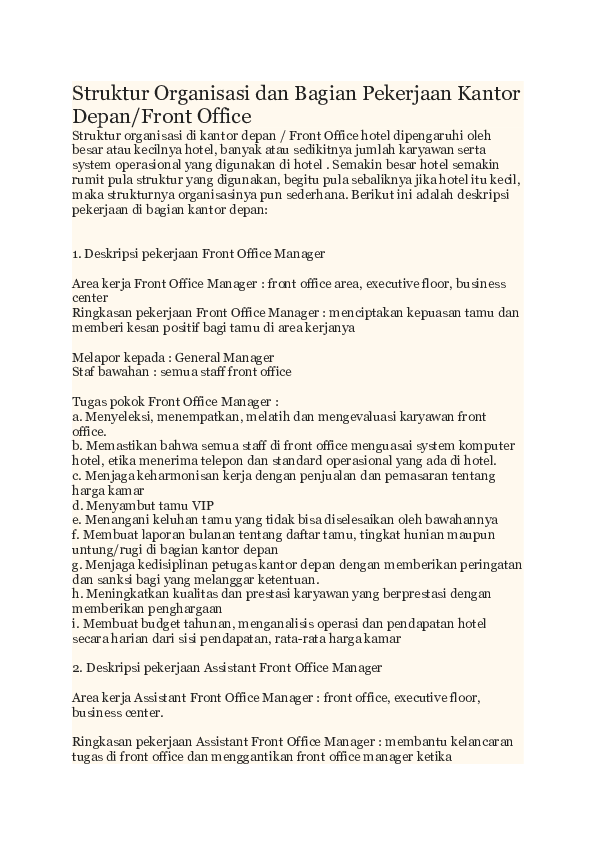 (DOC) Struktur Organisasi dan Bagian Pekerjaan Kantor Depan/Front Office