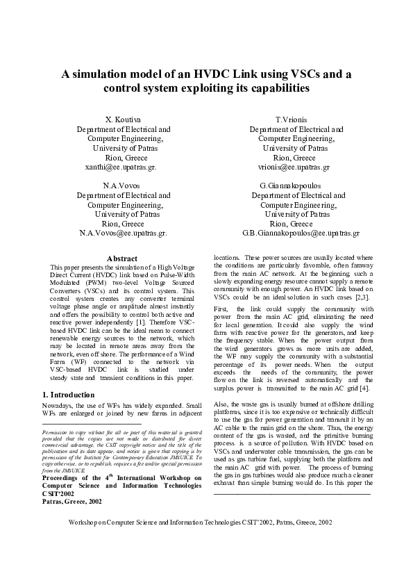 Pdf A Simulation Model Of An Hvdc Link Using Vscs And A Control System Exploiting Its