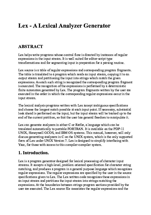(DOC) Lex -A Lexical Analyzer Generator