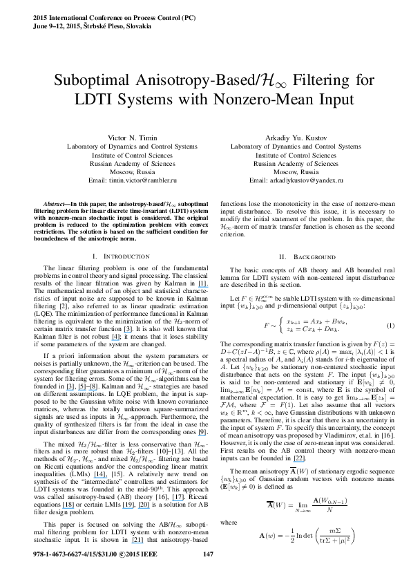 (PDF) Suboptimal Anisotropy-Based/H-infinity Filtering for LDTI Systems with Nonzero-Mean Input