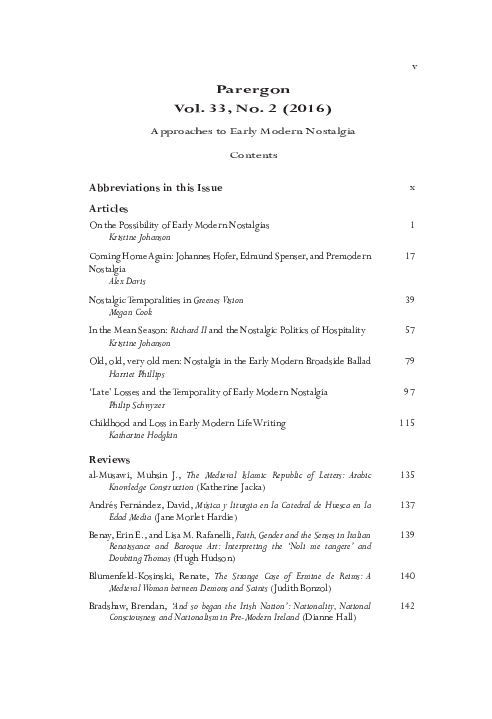 (PDF) Approaches to Early Modern Nostalgia - Special Issue Contents