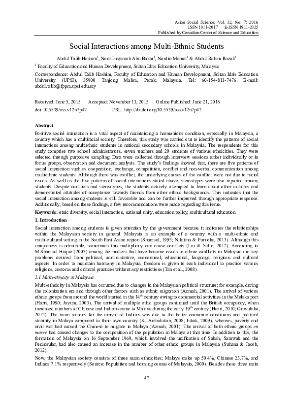 (PDF) Social Interactions among Multi-Ethnic Students