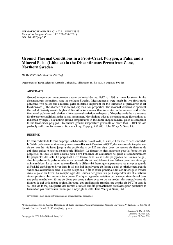 (PDF) Ground thermal conditions in a frost-crack polygon, a palsa and a ...