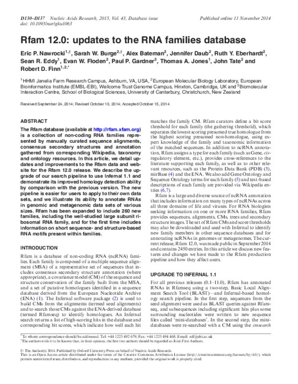 (PDF) Rfam 12.0: updates to the RNA families database | Ruth Eberhardt ...