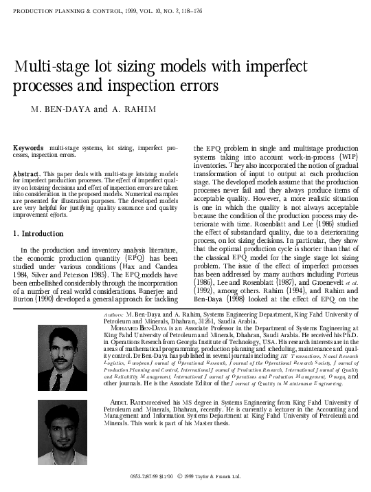 (PDF) Multi-stage lot sizing models with imperfect processes and inspection errors