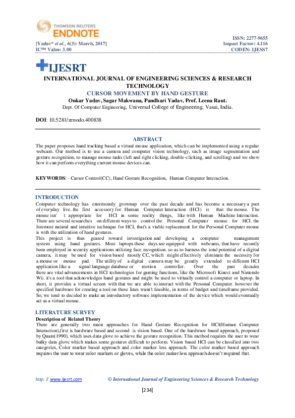 (PDF) CURSOR MOVEMENT BY HAND GESTURE