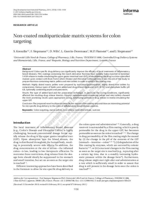 (PDF) Non-coated multiparticulate matrix systems for colon targeting