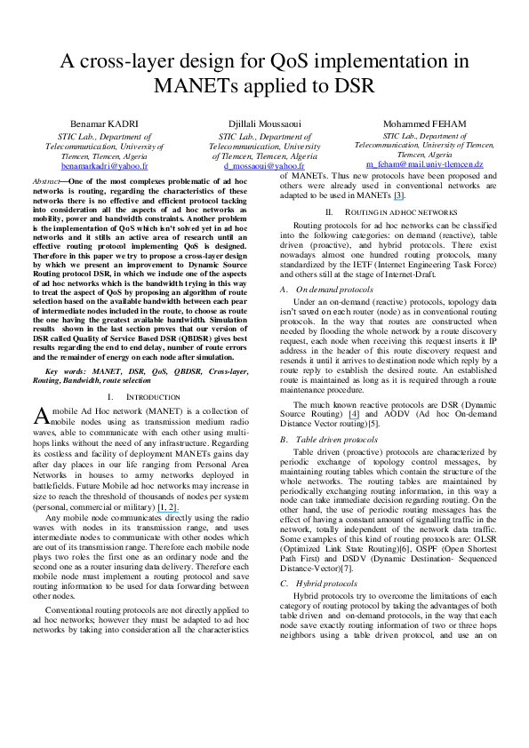 Pdf A Cross Layer Design For Qos Implementation In Manets Applied To Dsr