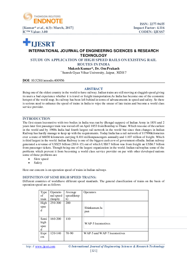 (PDF) STUDY ON APPLICATION OF HIGH SPEED RAILS ON EXISTING RAIL ROUTES ...