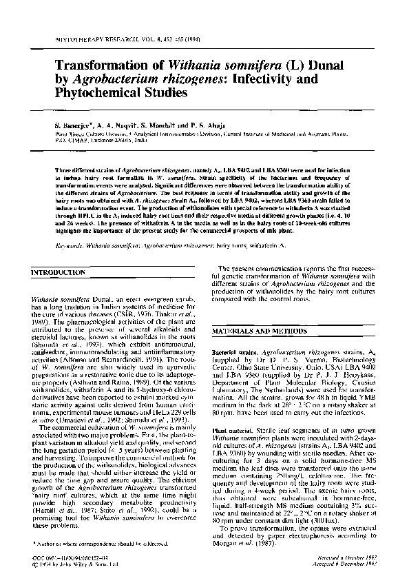 (PDF) Transformation ofWithania somnifera (L) Dunal byAgrobacterium ...
