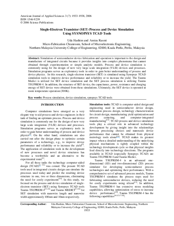 (PDF) Single-Electron Transistor (SET) Process and Device Simulation Using SYSNOPSYS TCAD Tools