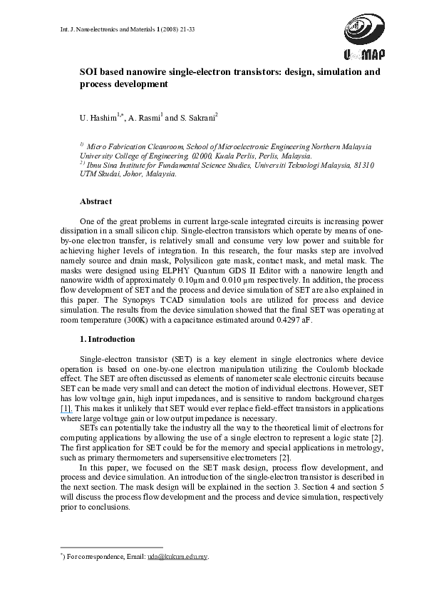 Pdf Soi Based Nanowire Single Electron Transistors Design Simulation And Process Development