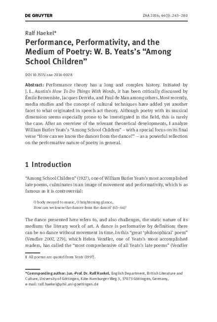 (PDF) "Performance, Performativity, and the Medium of Poetry: W. B ...