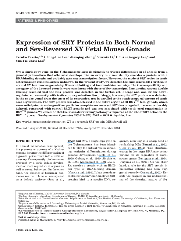 (PDF) Expression of SRY proteins in both normal and sex-reversed XY ...