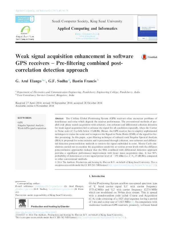 (PDF) Weak signal acquisition enhancement in software GPS receivers – Pre-filtering combined ...