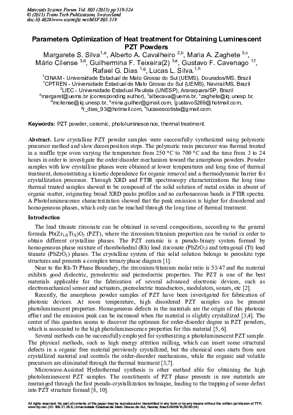 (PDF) Parameters Optimization of Heat Treatment for Obtaining Luminescent PZT Powders