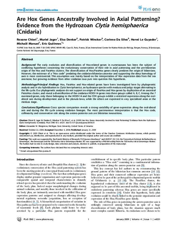 (PDF) Are Hox Genes Ancestrally Involved in Axial Patterning? Evidence ...
