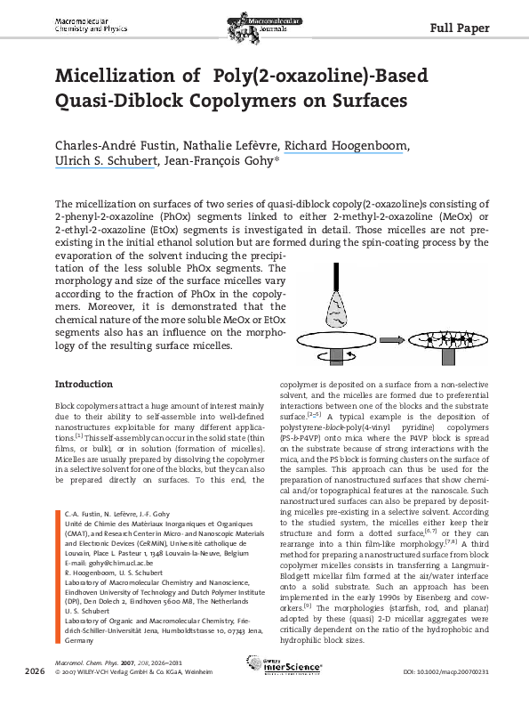 (PDF) Micellization of Poly(2-oxazoline)-Based Quasi-Diblock Copolymers on Surfaces