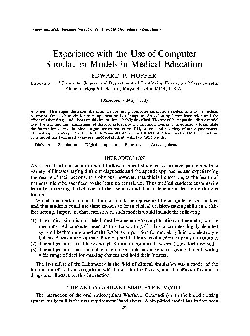 Pdf Experience With The Use Of Computer Simulation Models In Medical