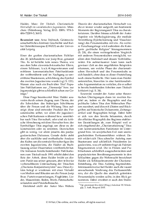 (PDF) Review: Marc Halder: Der Titokult. Charismatische Herrschaft im ...
