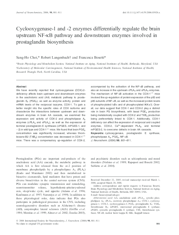 (PDF) Cyclooxygenase‐1 and ‐2 enzymes differentially regulate the brain upstream NF‐κB pathway ...
