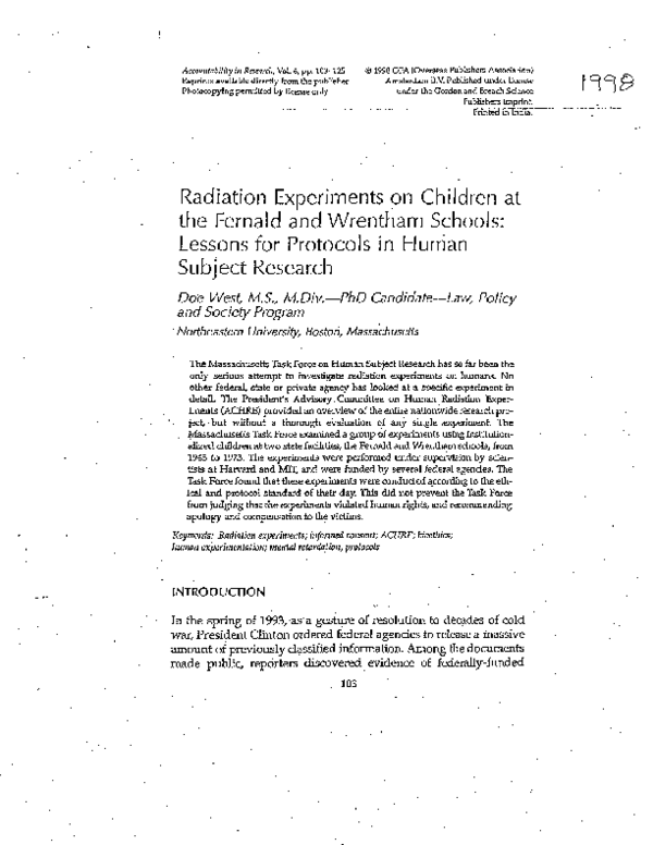 (PDF) Radiation experiments on children at the Fernald and Wrentham ...