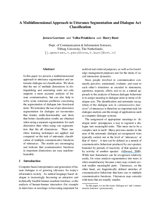 Pdf A Multidimensional Approach To Utterance Segmentation And Dialogue Act Classification