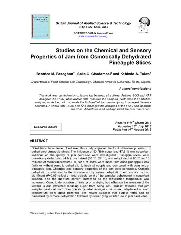 (PDF) Studies on the Chemical and Sensory Properties of Jam from Osmotically Dehydrated ...