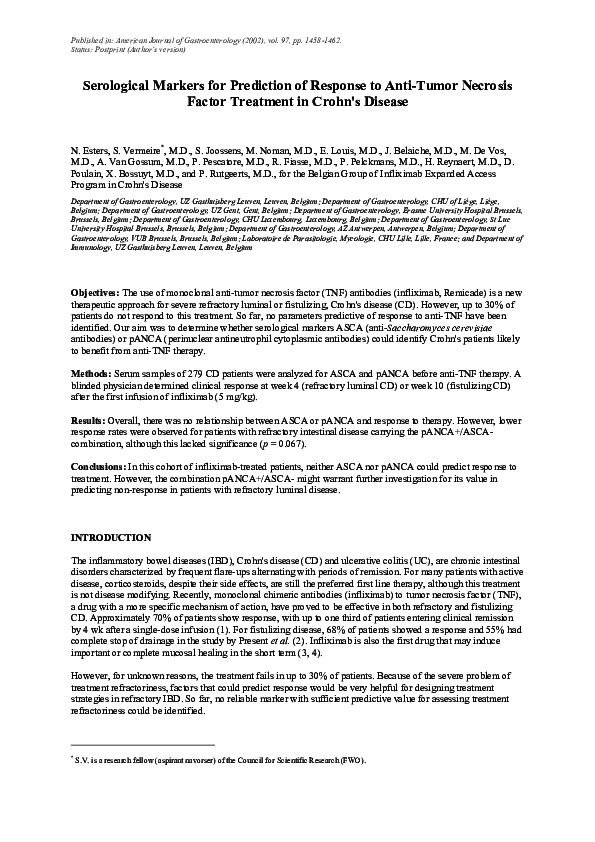 (PDF) Serological markers for prediction of response to anti-tumor necrosis factor treatment in ...